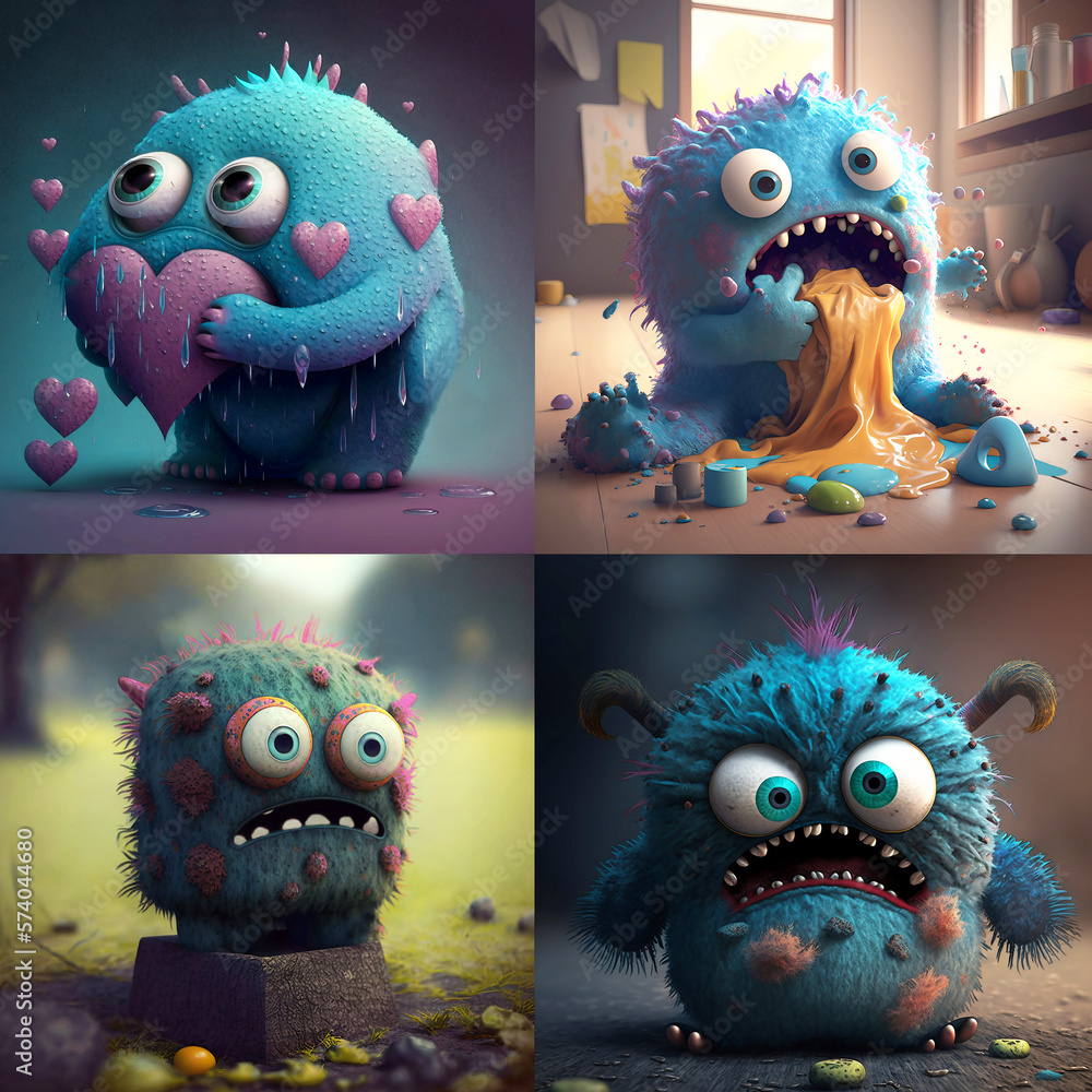 Cute blue monster character for novel and story. Set of illustrations ...