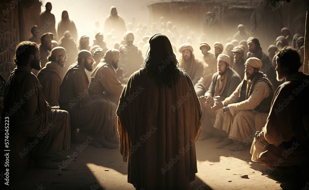 KI Illustration - Jesus hält eine Rede vor Menschen in einer kleinen ...