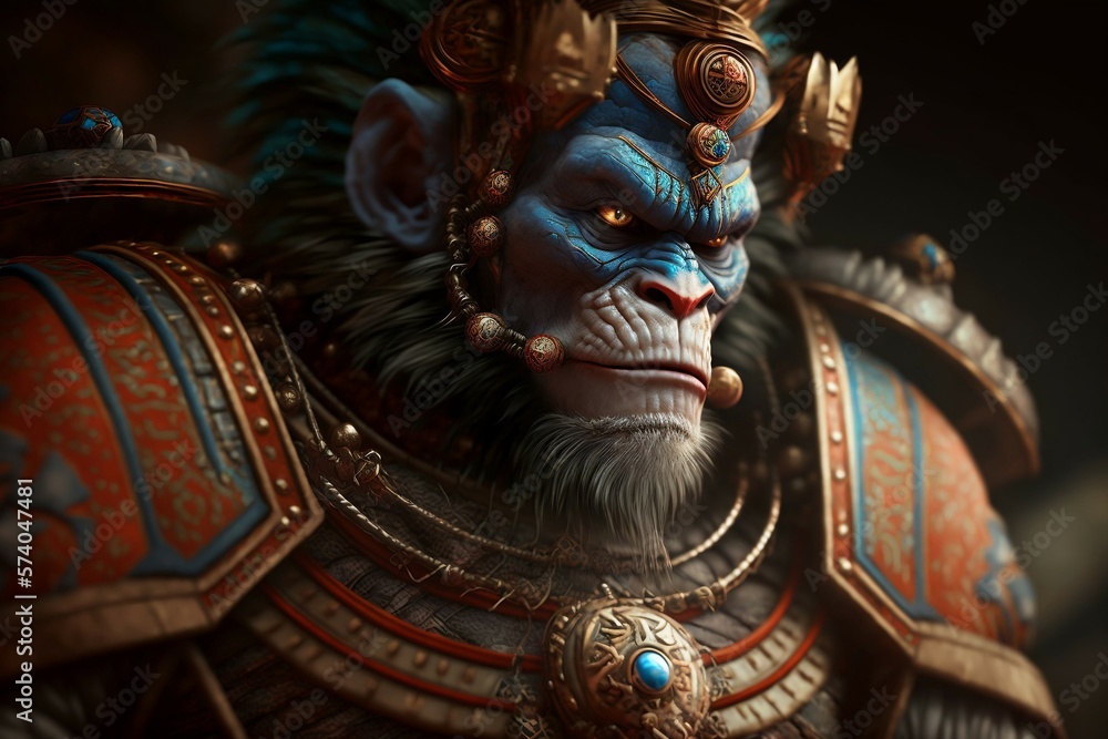 Ilustrace „Ai generated close up king of apes wearing armour suit of ...