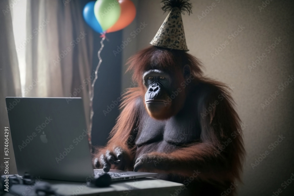 Sad orangutan celebrating birthday in front of laptop computer Stock ...