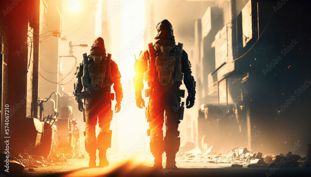 Two professional special forces soldiers in high tech military ...