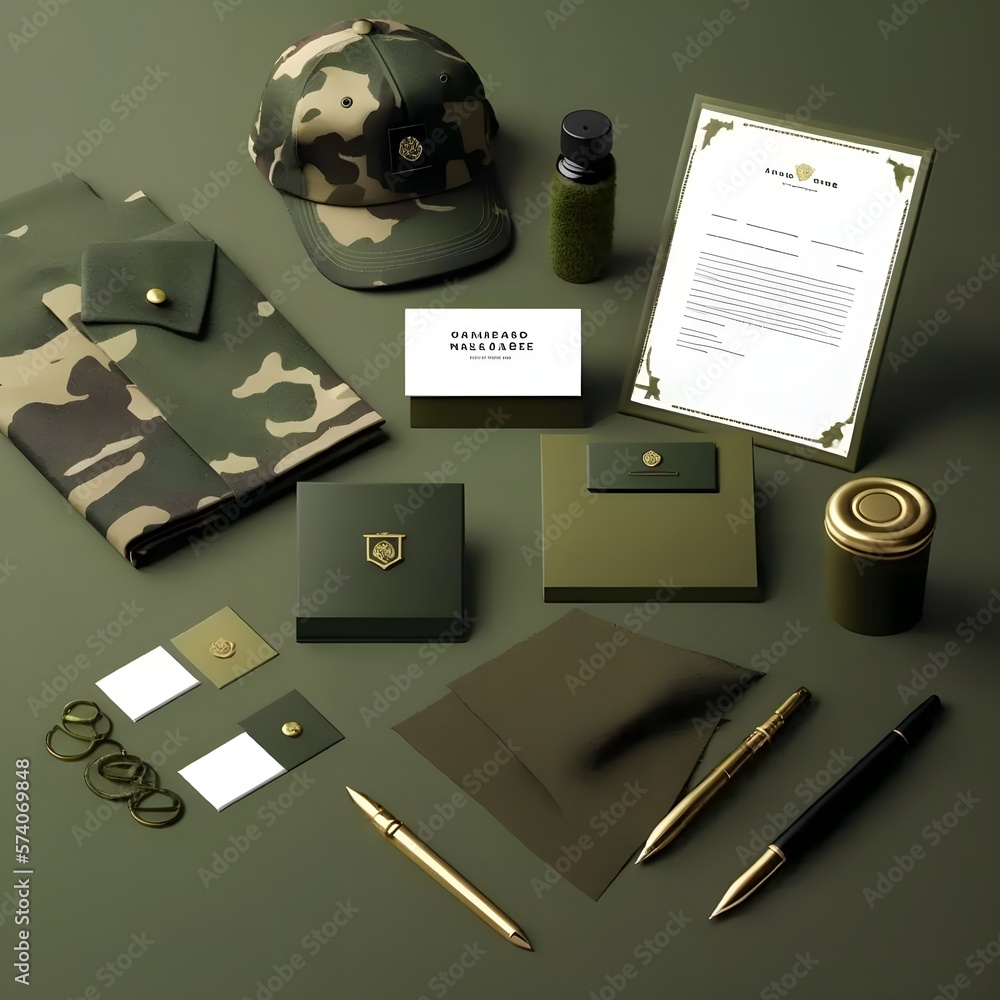 branding kit mockup in military style papers business cards packaging ...