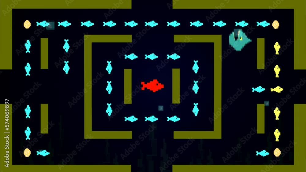 8 -bit style game animation, a shark eating fish, pixel, 2d animation ...