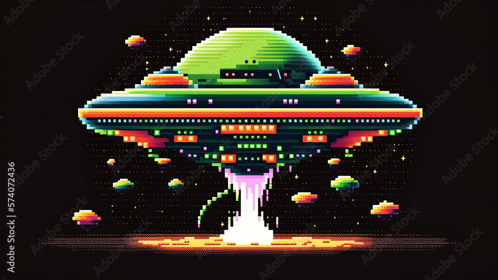 Colourful 16-bit art presenting extraterrestrial UFO flying saucer ...