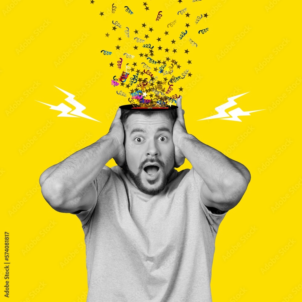 Contemporary collage of man screaming with confetti inside head Stock ...