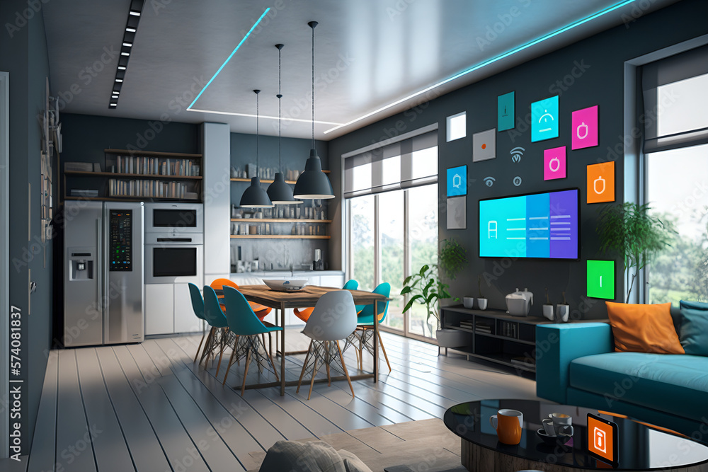 a modern and sleek smart home interior, featuring various internet of ...
