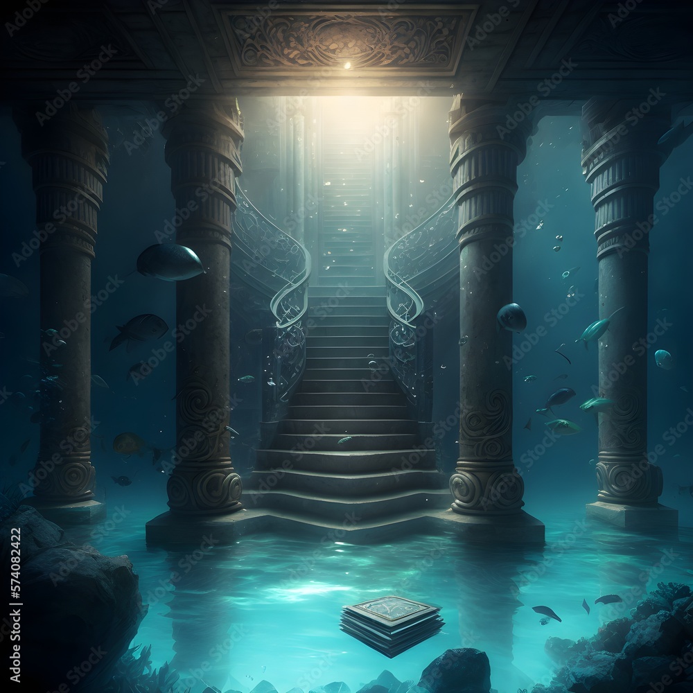 deep sea cult temple environment electric cosmic energy stairs and a ...