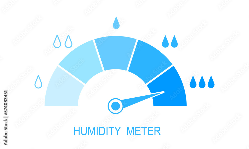 Humidity meter. Measuring dashboard with arrow and water drops with ...
