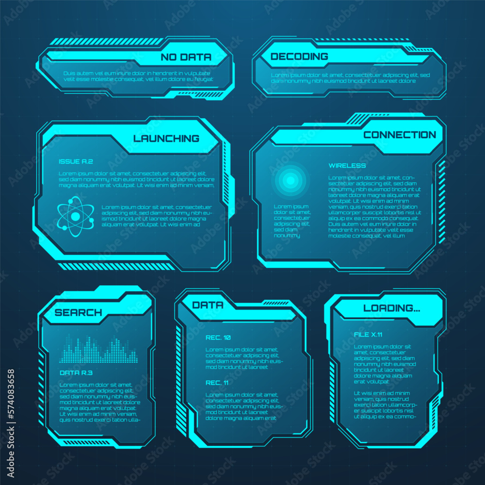 Blue futuristic HUD or UI elements. Sci-fi user interface text boxes ...