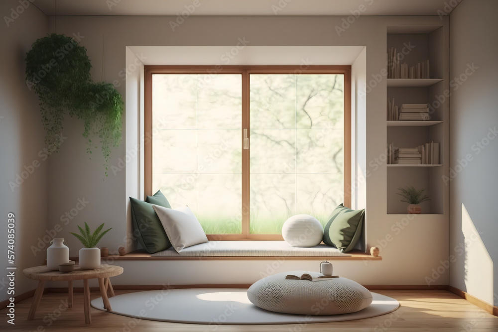 A peaceful, minimalist meditation room with a large window providing a ...