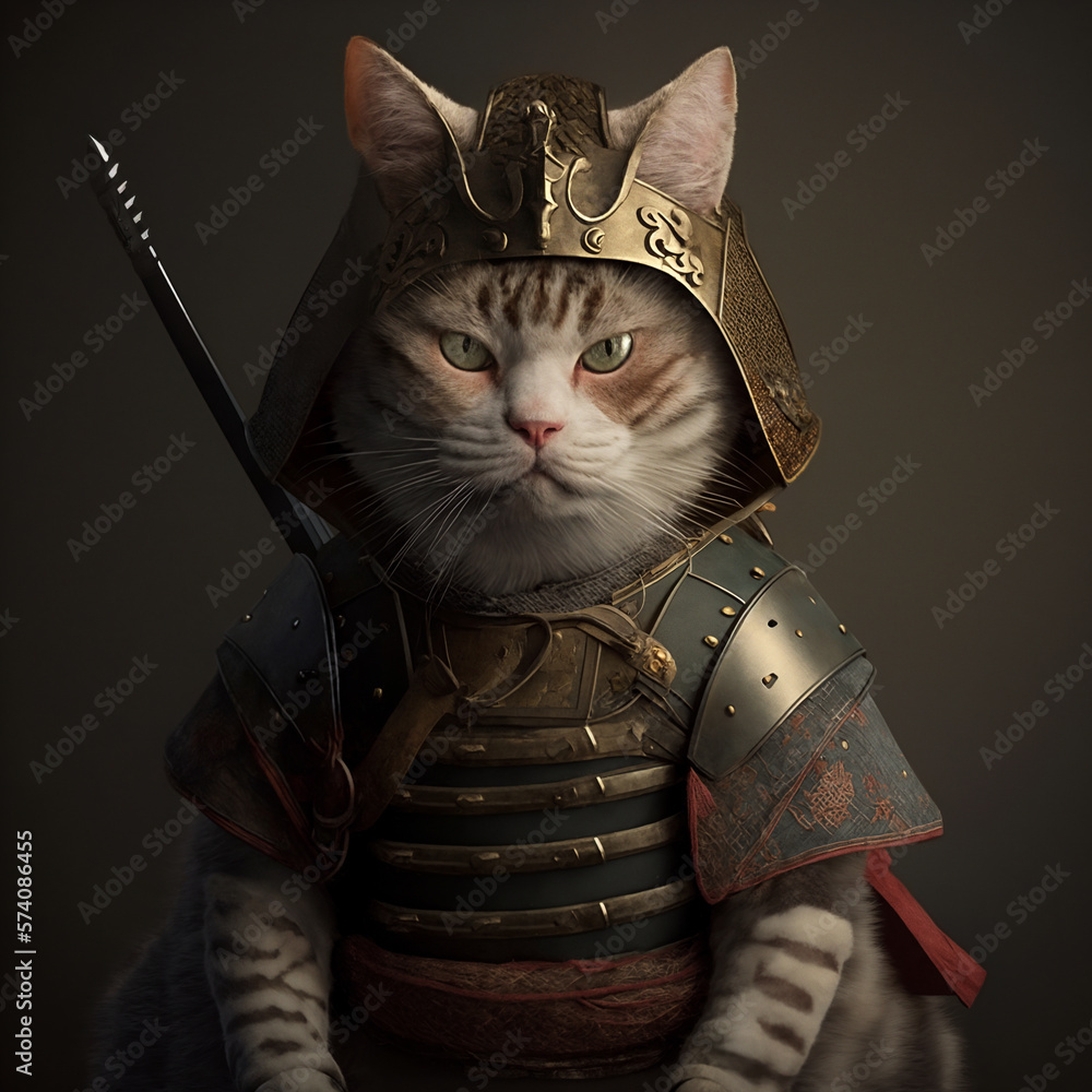 Realistic illustration of a cat dressed up as a Japanese samurai ...