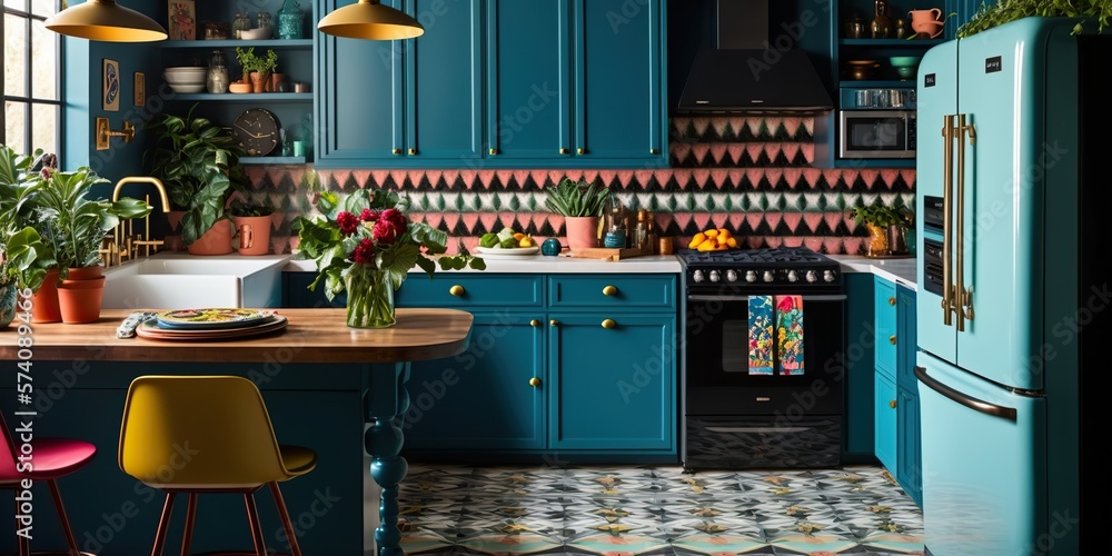 kitchen with bold colorful cabinets patterned countertops and eclectic ...