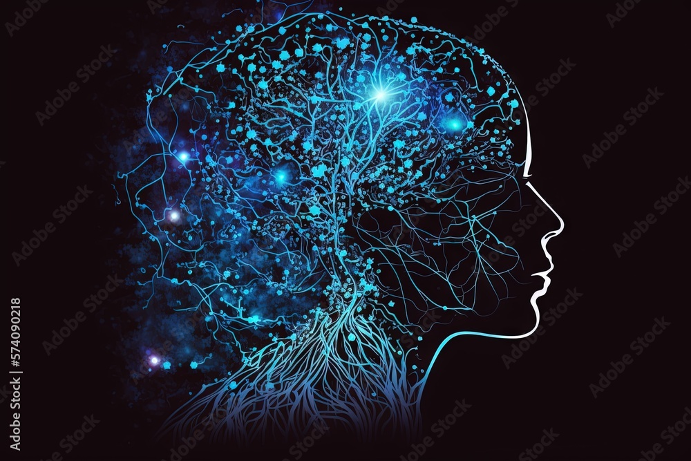 A silhouette of a head with glowing neural pathways is depicted in Spi 2, Generative AI Stock ...