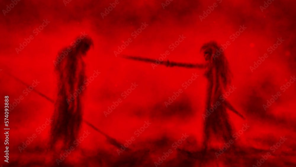 Two gloomy silhouettes. Warriors ready for battle. Gods of war. Sword ...