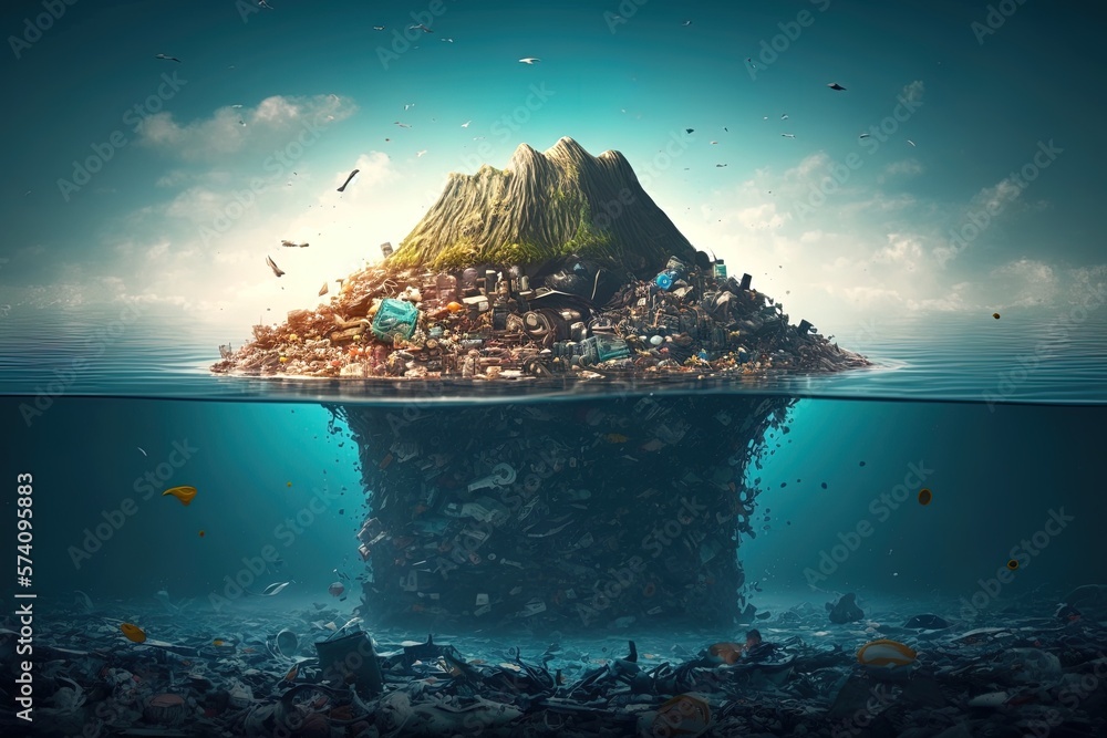 Conceptual image of an island of garbage floating in the ocean ...