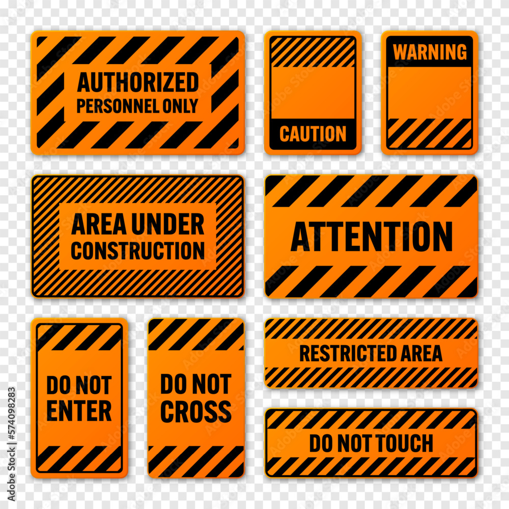 Various black and orange warning signs with diagonal lines. Attention ...