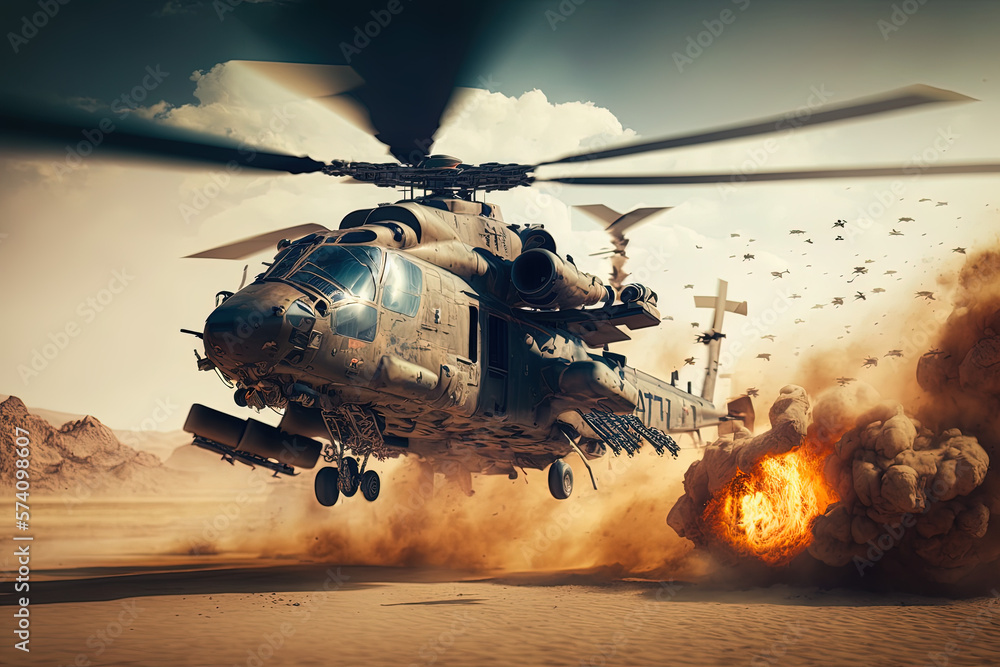 Helicopter gunship rains down missile and machine gun fire. Generative ...
