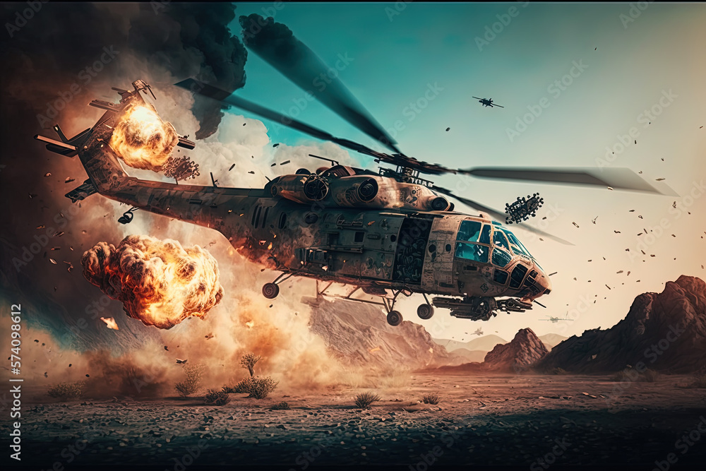 Helicopter gunship rains down missile and machine gun fire. Generative ...