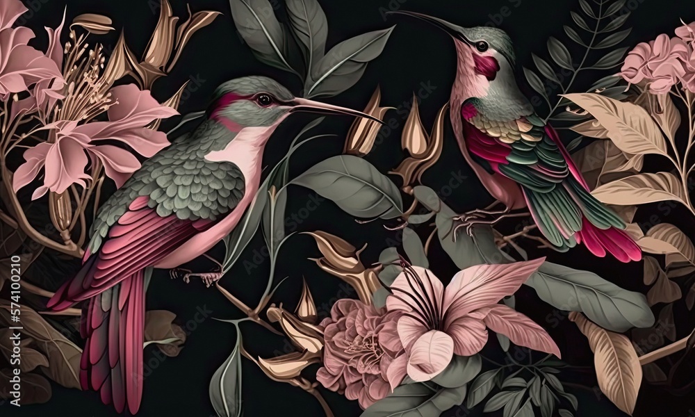 Dark horizontal illustration of some colibri among green leaves as ...