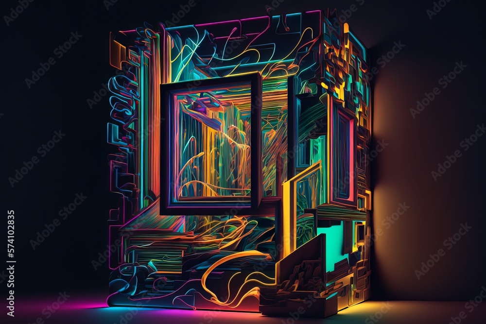 An Abstract Neon Time Travel Machine Cube in rainbow colors futuristic ...