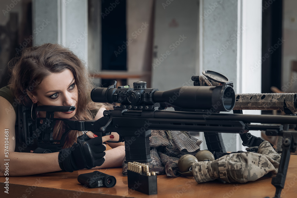 female military sniper with sniper rifle ready to shoot. Stock Photo ...
