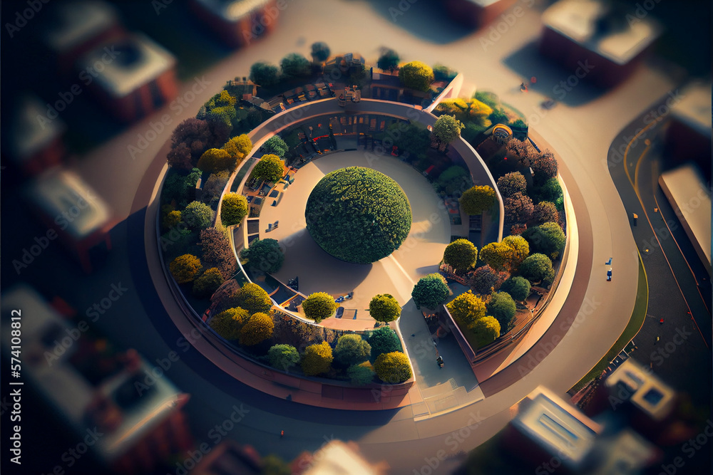 Top down view of a conceptual harmony city, organic shapes, tilt-shift ...