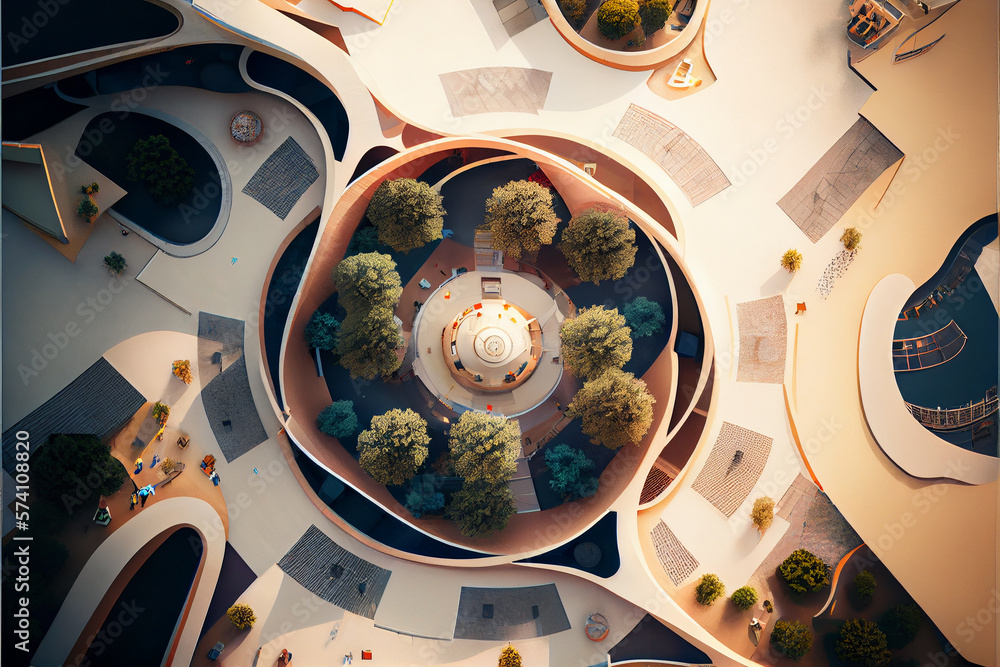 Top down view of a conceptual harmony city, organic shapes, tilt-shift ...