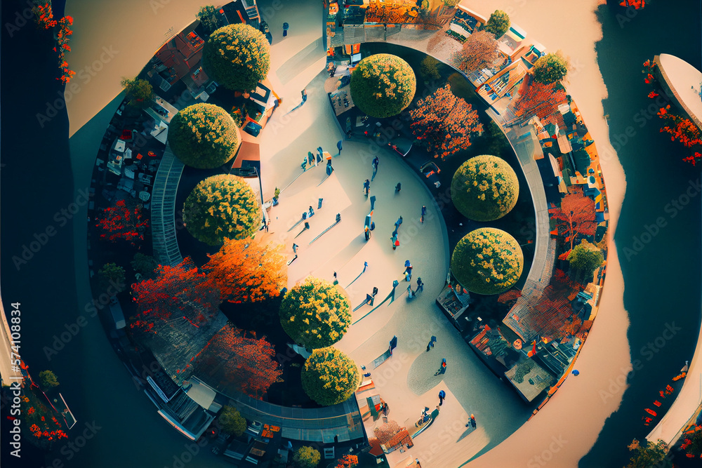 Top down view of a conceptual harmony city, organic shapes, tilt-shift ...