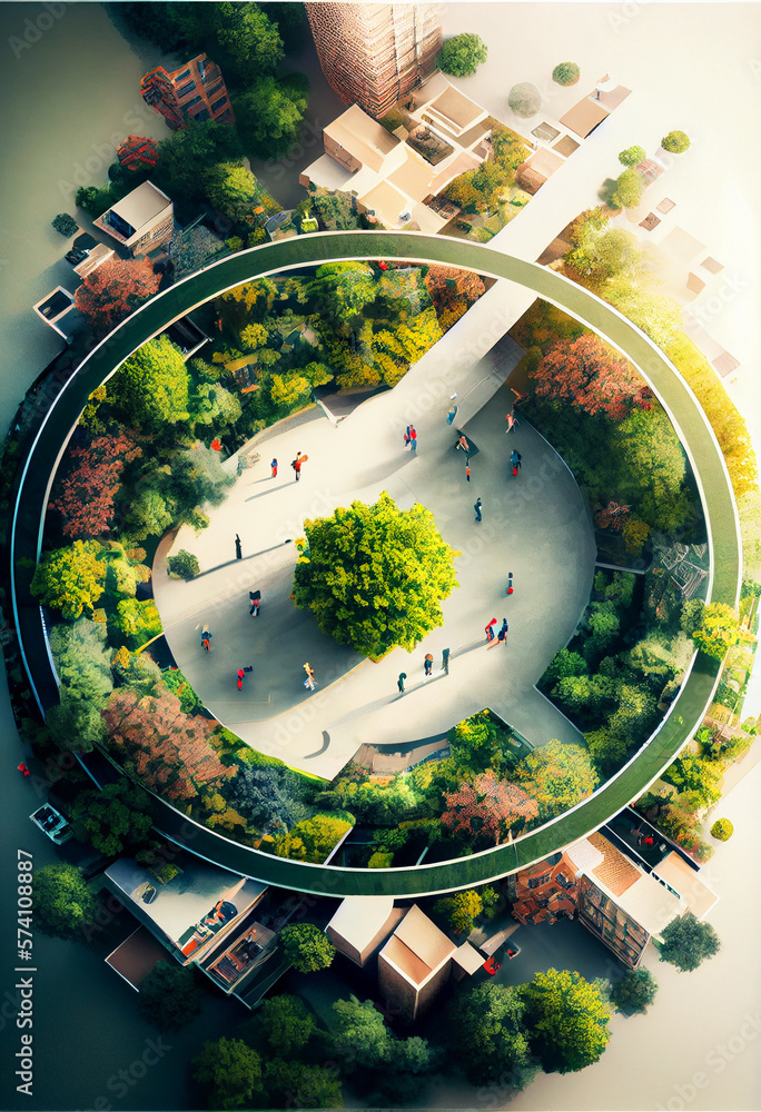 Top down view of a conceptual harmony city, organic shapes, tilt-shift ...