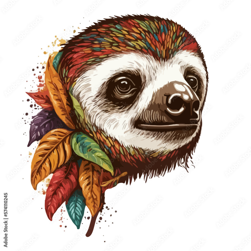 Vetor de Funny sloth portrait with colorful fur and leaves and paint ...