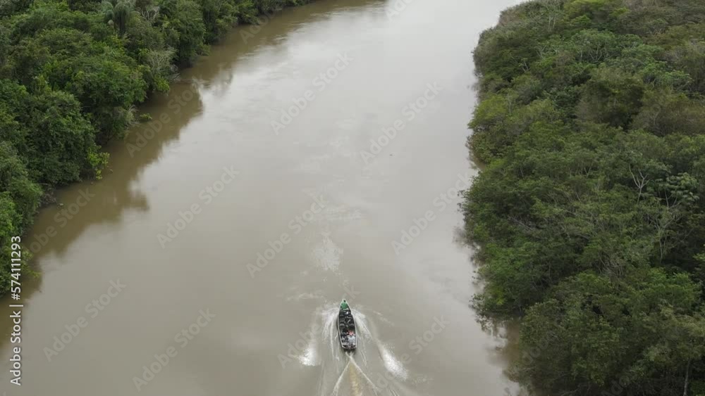 Guyana, South America. Aerial View of Speedboat in Muddy Rupununi River ...