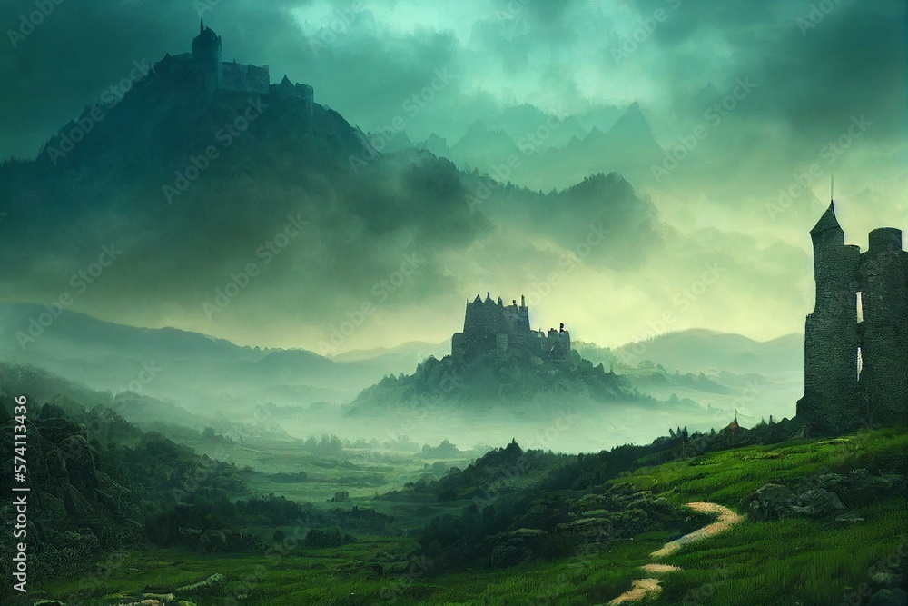 Digital medieval landscape painting of castles among hills and ...