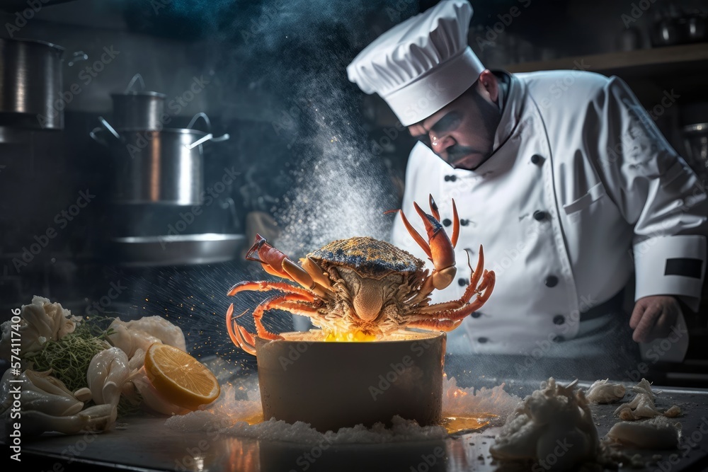 32k Super-Resolution Crab Chef Cooking Seafood in Restaurant Kitchen on ...