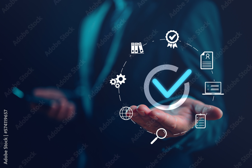 Hand shows sign of top service Quality assurance, Guarantee, Standards ...