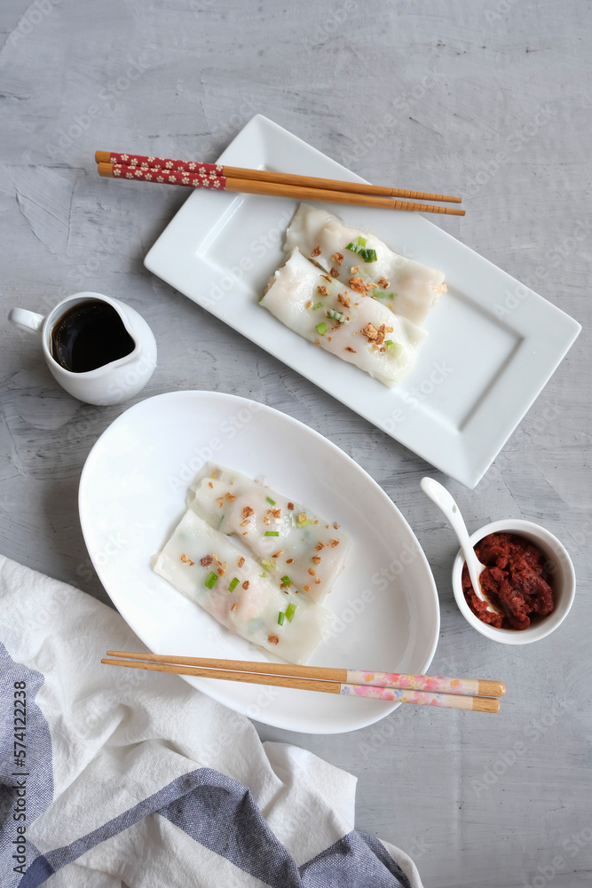 Homemade light snacks. Steamed Cheung Fan aka Rice Noodle Roll. Mixed ...