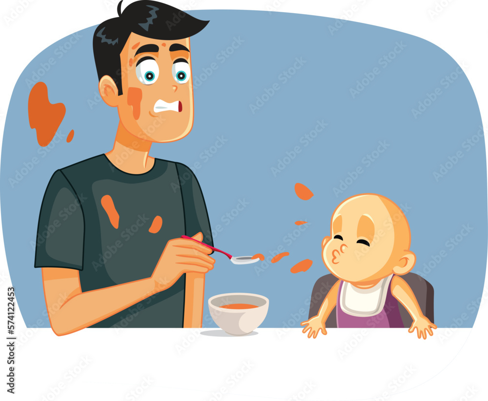 Stressed Father Feeding his Baby Funny Vector Illustration. Little ...