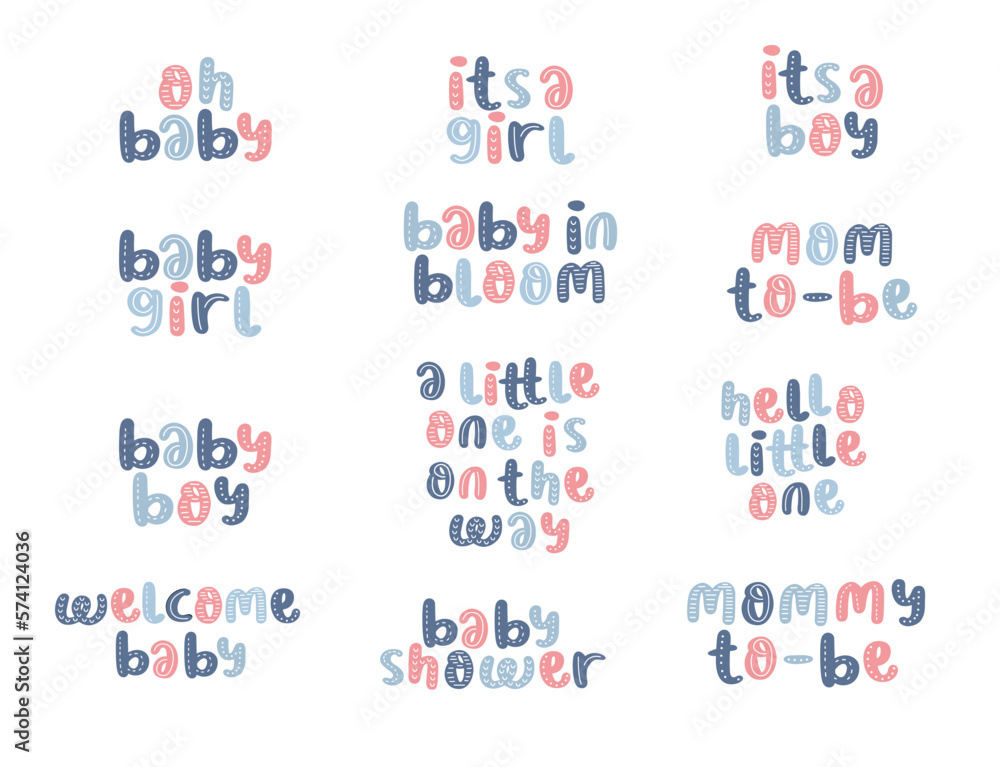 Baby shower lettering with line decoration. Set of vector cards for ...