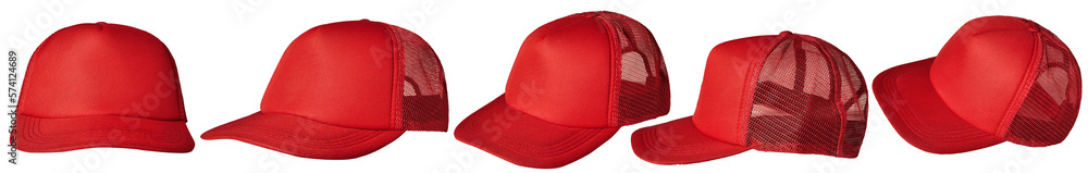 Set of red trucker cap hat mockup template collection, various angle ...