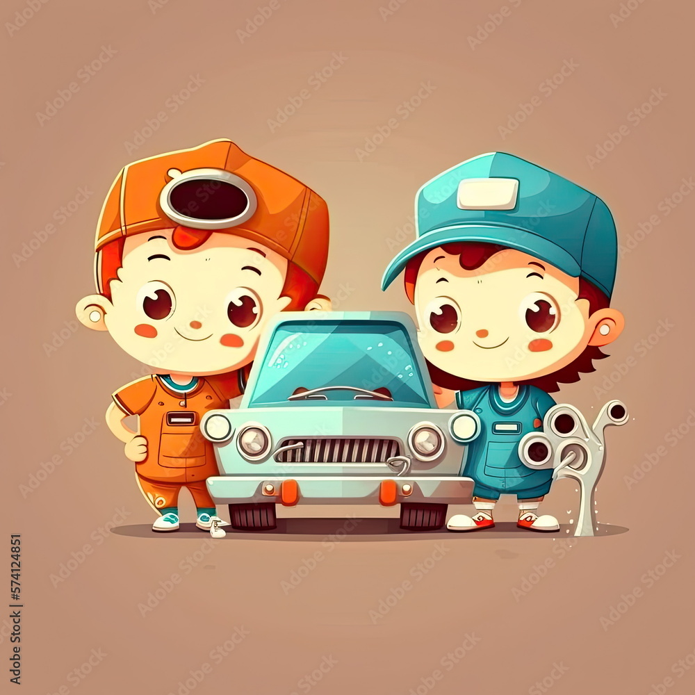 mechanic repairing car, cartoon character, holding a repair tool, car ...