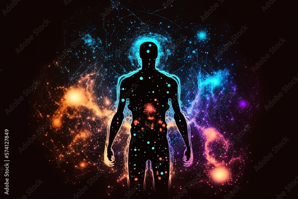 Astral body silhouette with abstract space background. Esoteric ...