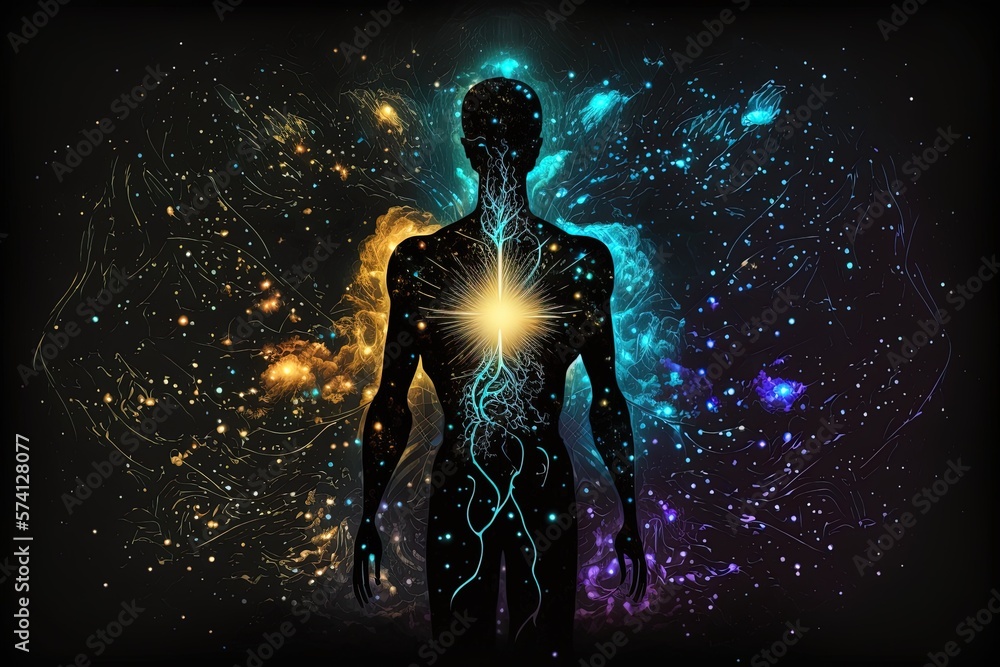Astral body silhouette with abstract space background. Esoteric ...