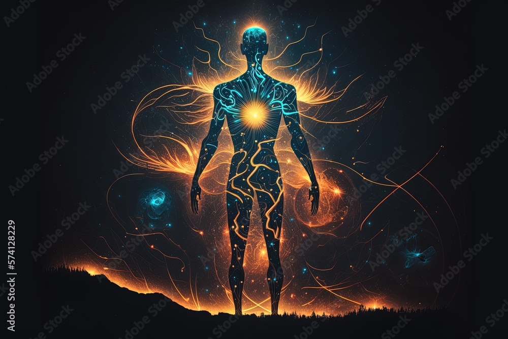 Astral body silhouette with abstract space background. Esoteric ...