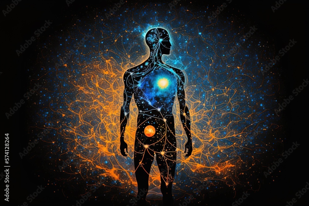 Astral body silhouette with abstract space background. Esoteric ...