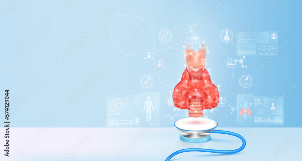 Human thyroid gland float away from stethoscope. Image virtual hologram ...