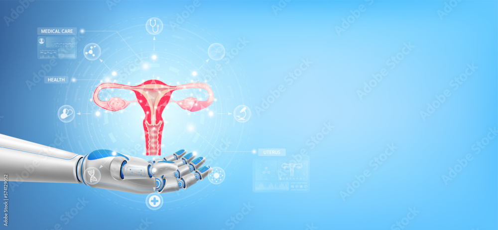 Uterus float away from in robot hand. Futuristic medical cybernetic ...