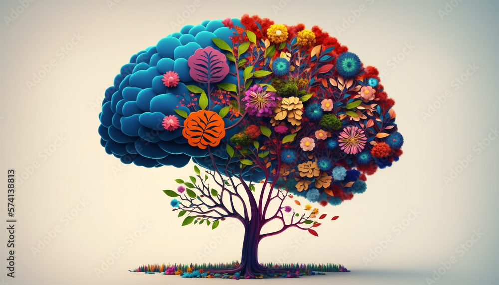 Human brain tree with flowers, self care and mental health concept ...