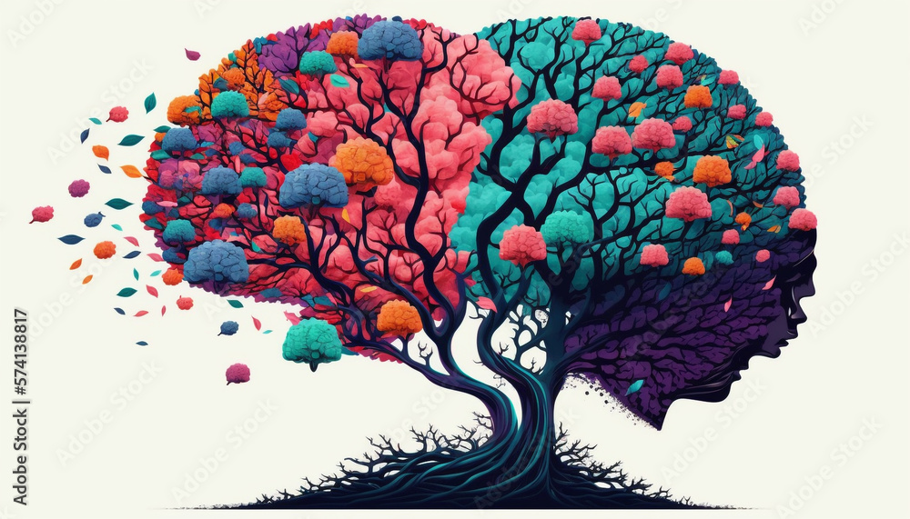 Human brain tree with flowers, self care and mental health concept ...