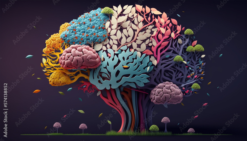Human brain tree with flowers, self care and mental health concept ...