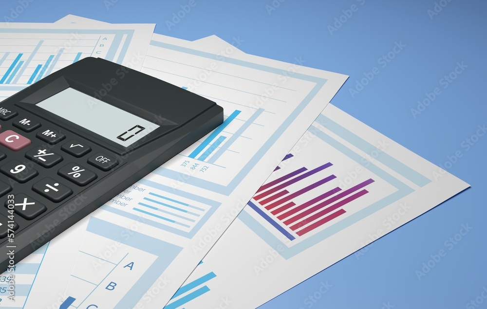 calculator on top of annual statistics papers and charts, 3d ...