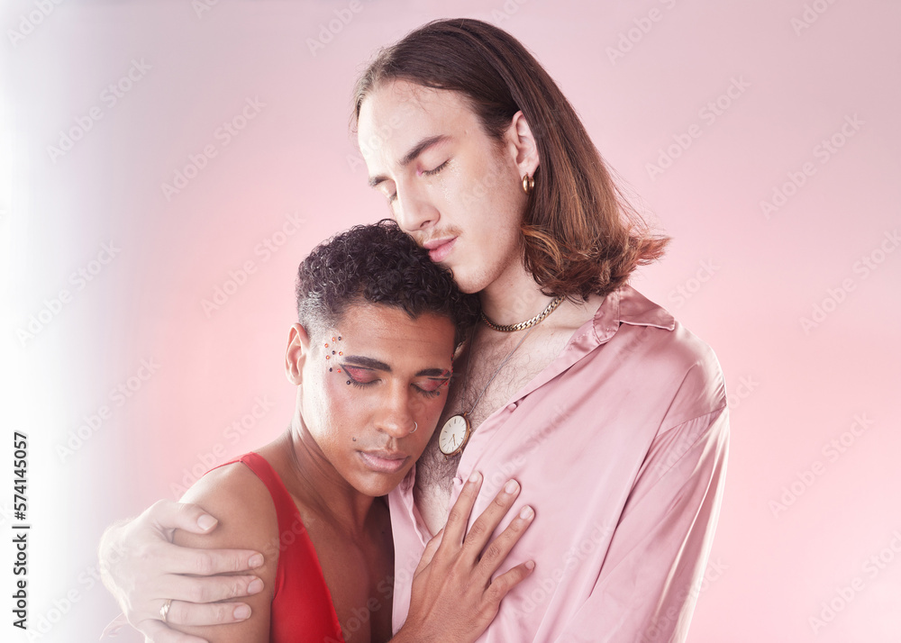 Gay, beauty and lgbtq people hug isolated on studio pink background in ...